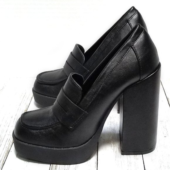 Shoes | New Black Square Toe Platform Penny Loafers Chunky Heels | Poshmark
